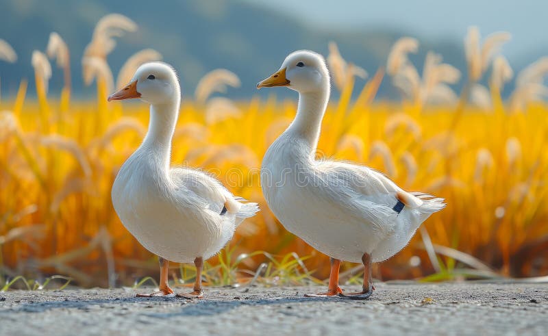 Two White Ducks Walk on the Road in the Morning Stock Photo - Image of ...