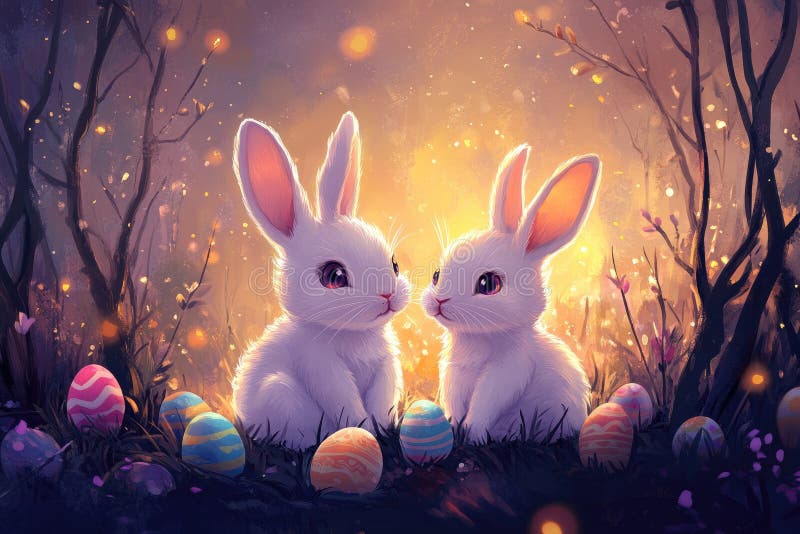Two White Easter Bunnies Posing with Colorful Eggs in a Fantasy Forest ...