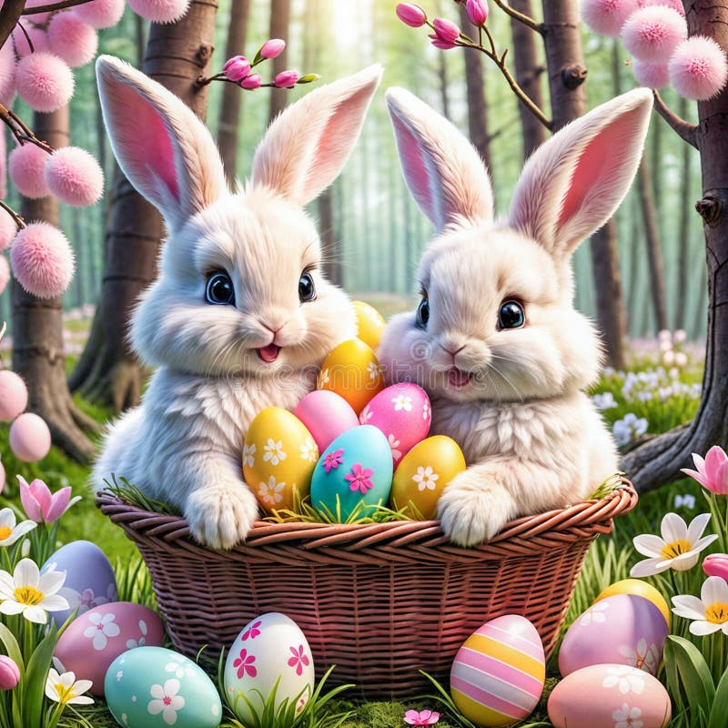 Two White Easter Bunnies are Sitting in a Pink Basket Filled with ...