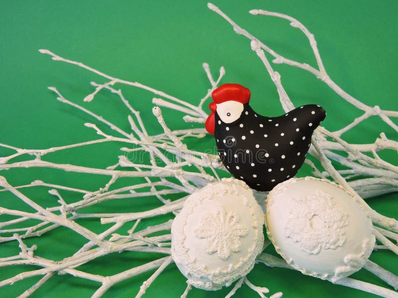 Two White Easter Eggs and Black Spotted Chicken Stock Photo - Image of ...