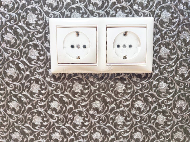 Two White European Power Outlets Mounted on Ornate Wall. European Dual ...