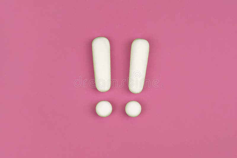 Two White Exclamation Marks on Pink Background. Flat Lay, Warning Sign ...