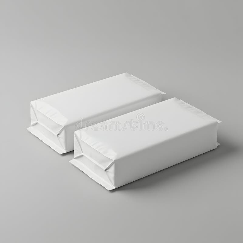 Two White Flow Wrapped Blank Packages on a Simple Grey Background ...