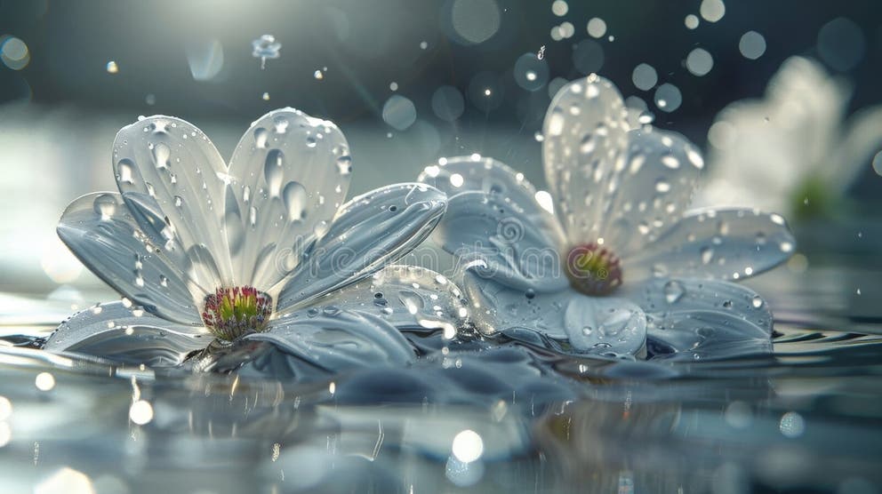 Two White Flowers Floating Water Droplets Stock Photo - Image of ...