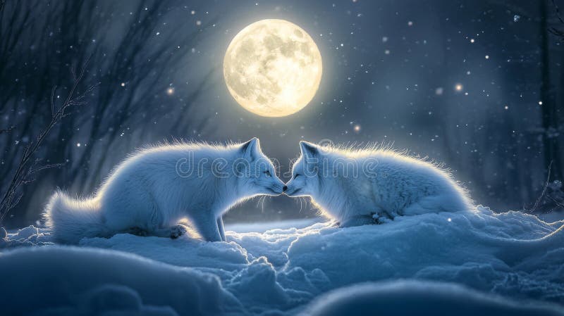 Two White Foxes Touching Noses Under a Full Moon in a Snowy Forest ...