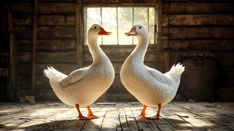 Two White Geese Facing Each Other in Rustic Barn Setting Stock ...