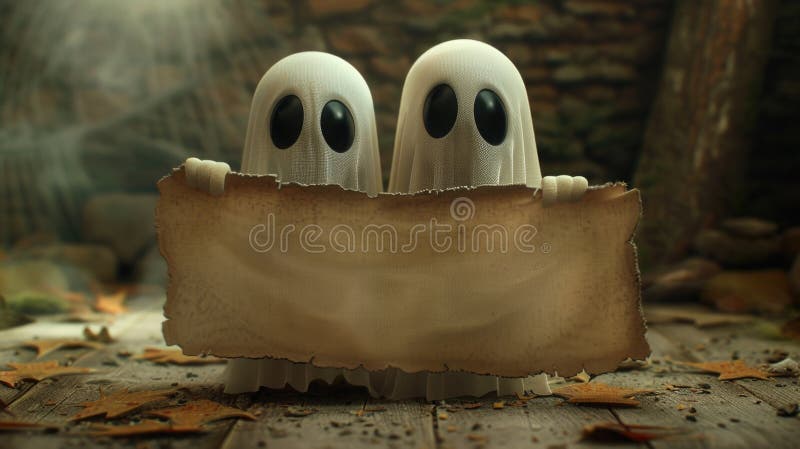 Two White Ghosts Holding a Piece of Paper. Suitable for Halloween Themes Stock Photo - Image of ...