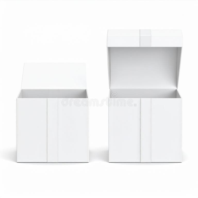 Two White Gift Boxes Open and Closed on White Background Stock ...