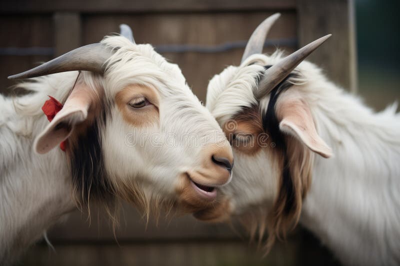 Two White Goats with Black Patches Playfully Head-butting Stock Image ...