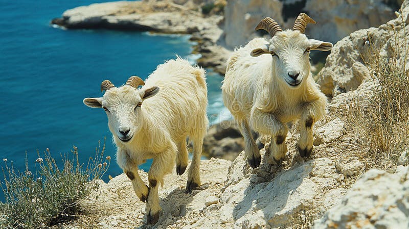 Two White Goats on a Cliff Overlooking the Sea Stock Illustration ...