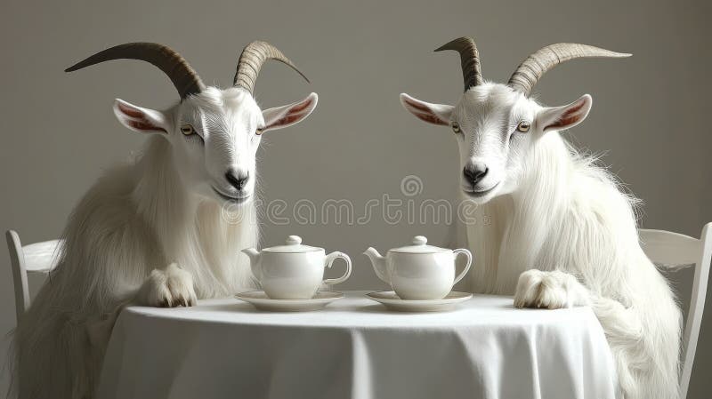 Two White Goats are Drinking Tea at a Table in a Cozy Atmosphere. the ...