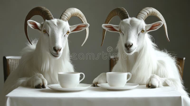 Two White Goats are Drinking Tea at a Table in a Cozy Atmosphere. the ...