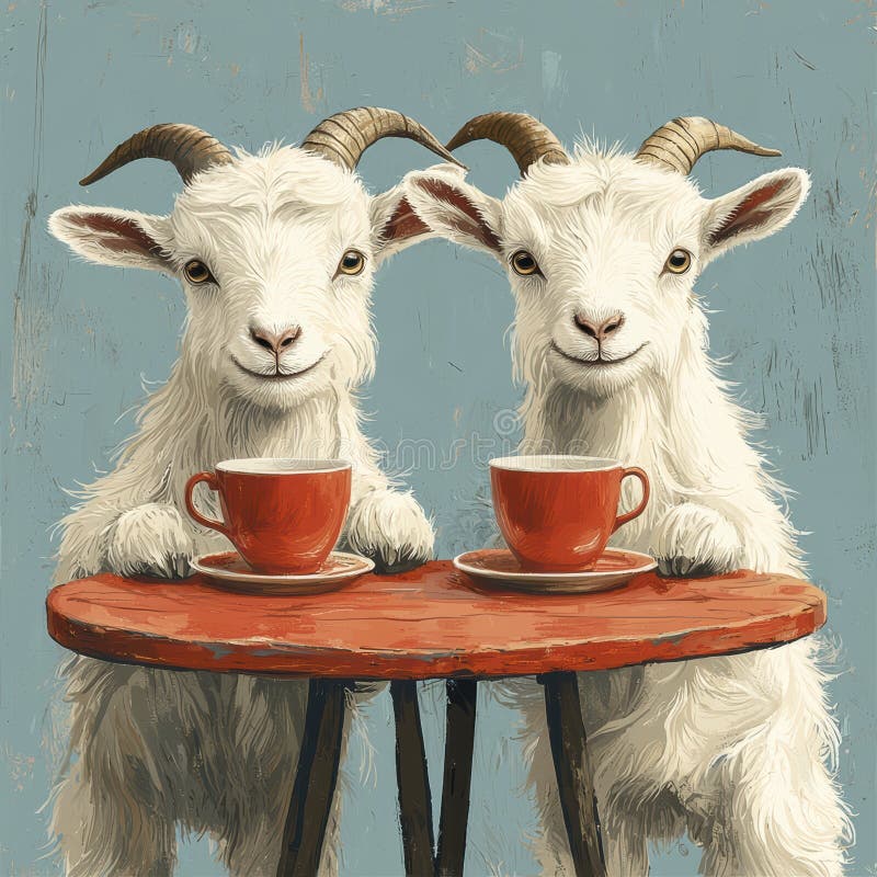 Two White Goats are Drinking Tea at a Table in a Cozy Atmosphere. the ...