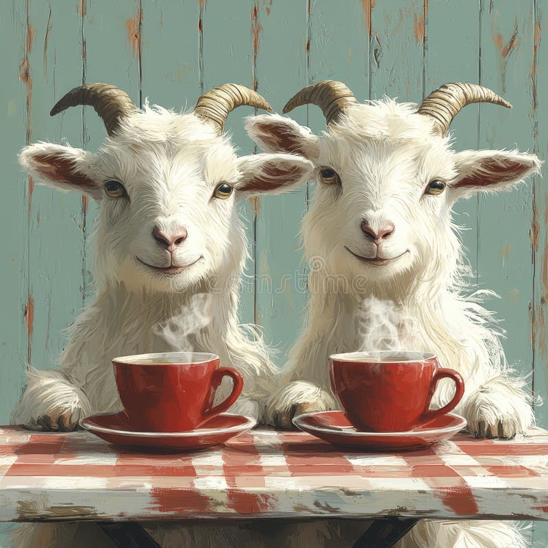 Two White Goats are Drinking Tea at a Table in a Cozy Atmosphere. the ...