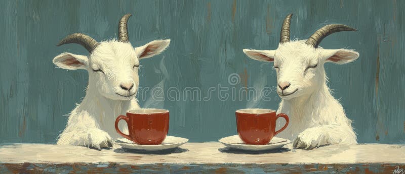 Two White Goats are Drinking Tea at a Table in a Cozy Atmosphere. the ...