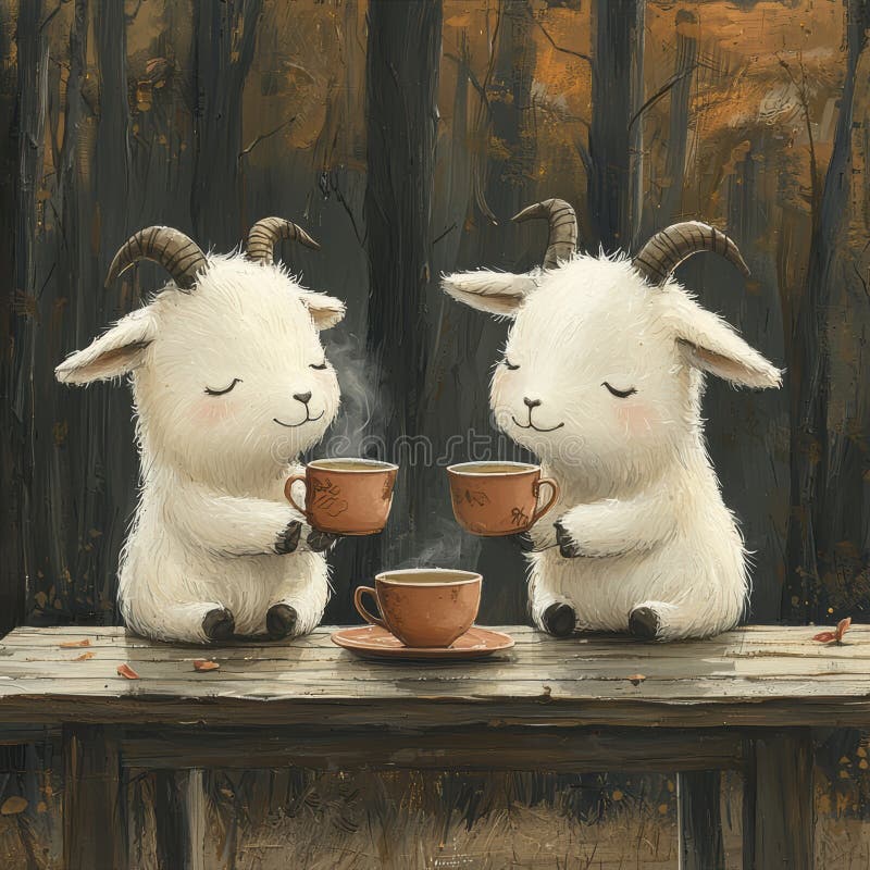 Two White Goats are Drinking Tea at a Table in a Cozy Atmosphere. the ...