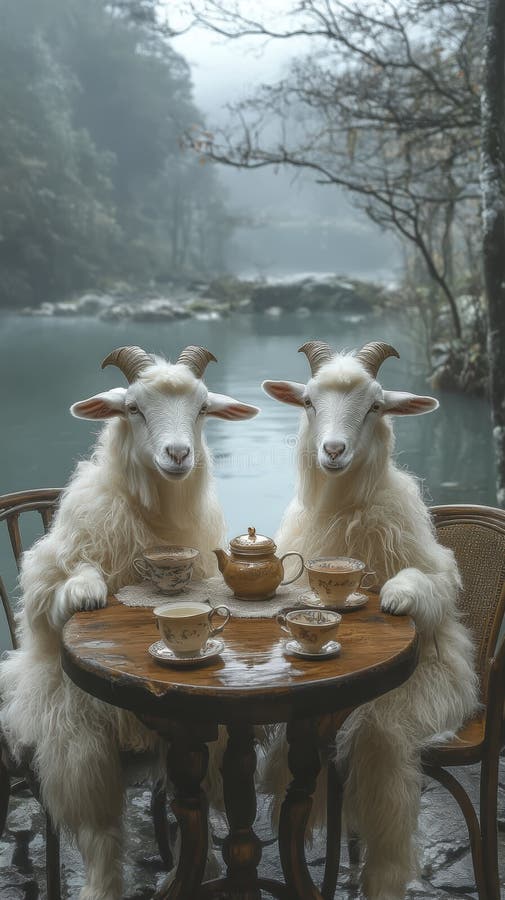 Two White Goats are Drinking Tea at a Table in a Cozy Atmosphere. the ...