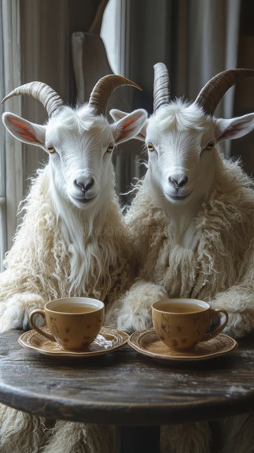 Two White Goats are Drinking Tea at a Table in a Cozy Atmosphere. the ...