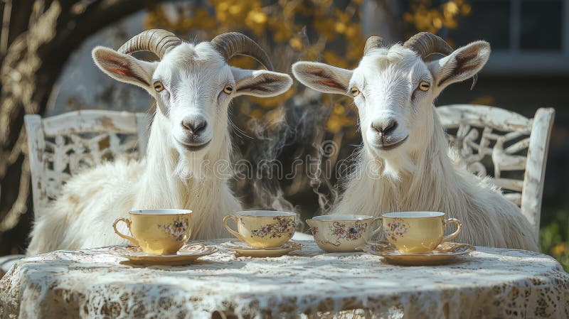 Two White Goats are Drinking Tea at a Table in a Cozy Atmosphere. the ...