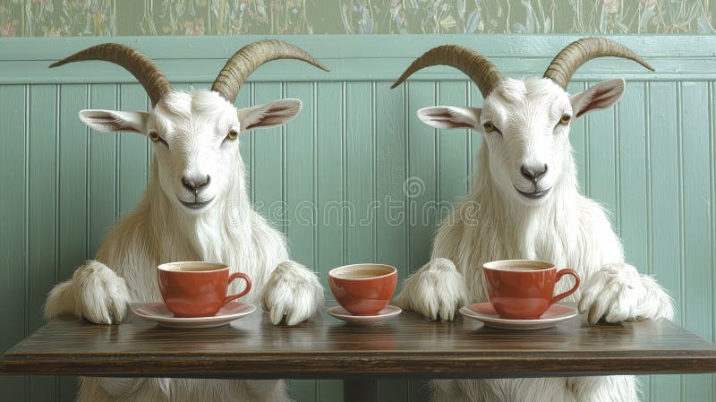 Two White Goats are Drinking Tea at a Table in a Cozy Atmosphere. the ...