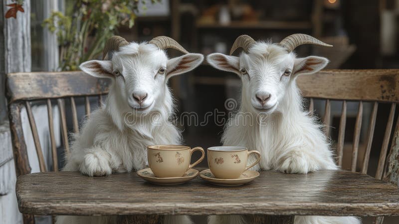 Two White Goats are Drinking Tea at a Table in a Cozy Atmosphere. the ...