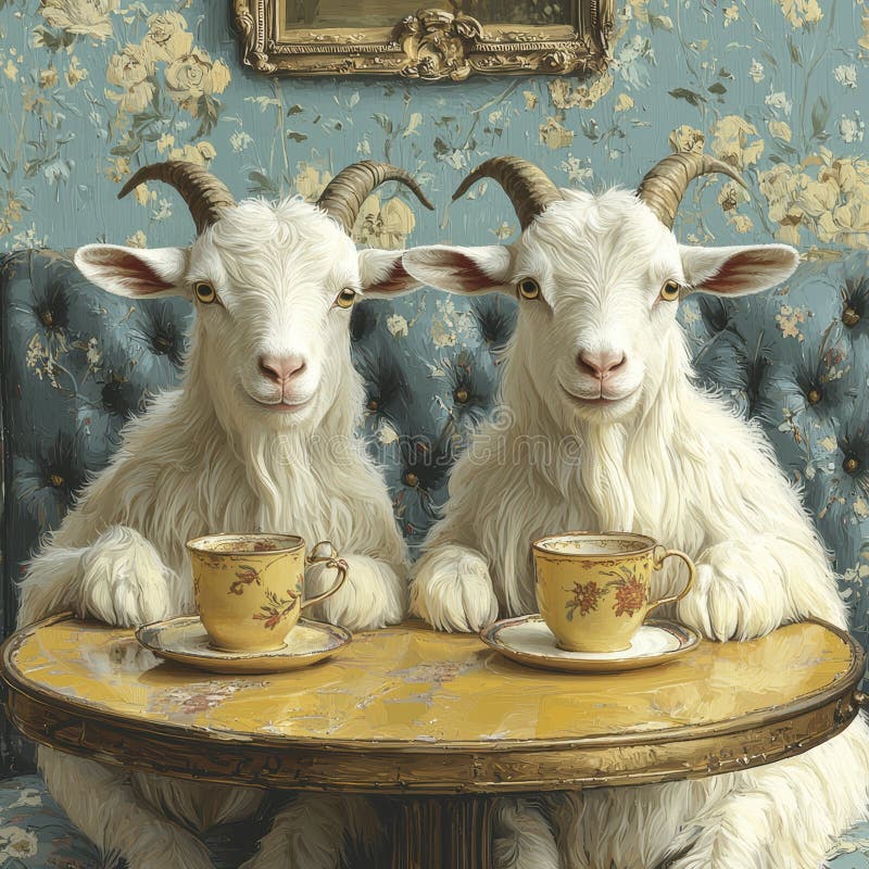 Two White Goats are Drinking Tea at a Table in a Cozy Atmosphere. the ...
