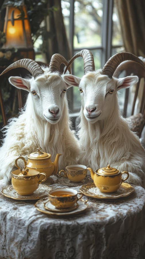 Two White Goats are Drinking Tea at a Table in a Cozy Atmosphere. the ...