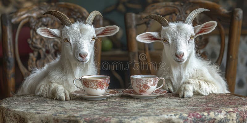 Two White Goats are Drinking Tea at a Table in a Cozy Atmosphere. the ...