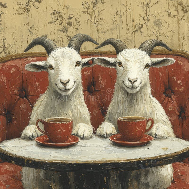 Two White Goats are Drinking Tea at a Table in a Cozy Atmosphere. the ...