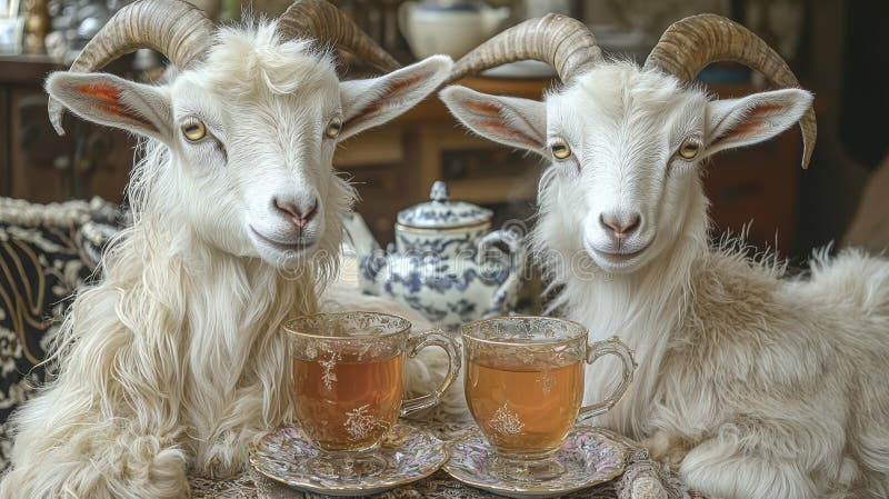 Two White Goats are Drinking Tea at a Table in a Cozy Atmosphere. the ...
