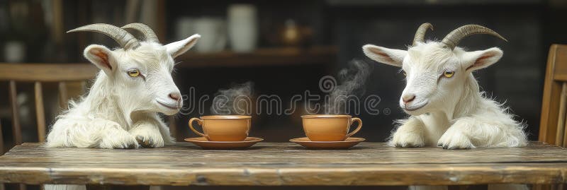 Two White Goats are Drinking Tea at a Table in a Cozy Atmosphere. the ...
