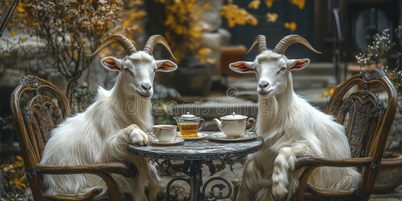 Two White Goats are Drinking Tea at a Table in a Cozy Atmosphere. the ...