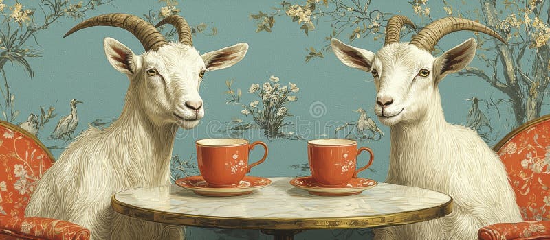 Two White Goats are Drinking Tea at a Table in a Cozy Atmosphere. the ...