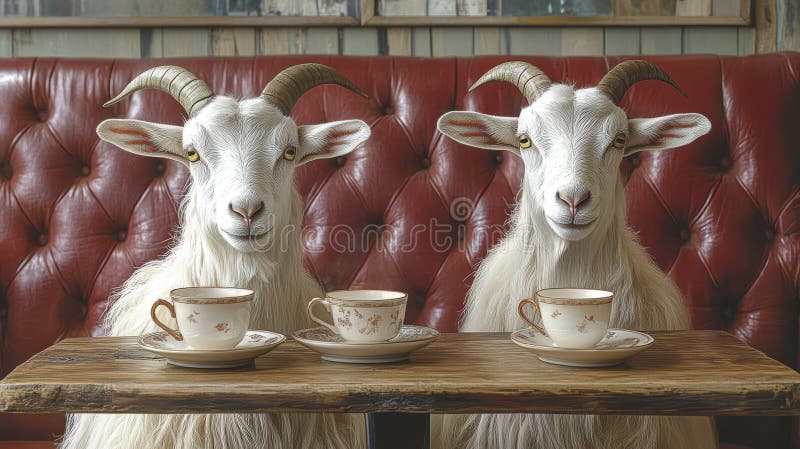 Two White Goats are Drinking Tea at a Table in a Cozy Atmosphere. the ...