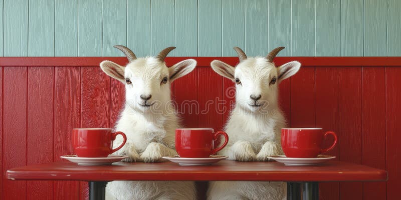 Two White Goats are Drinking Tea at a Table in a Cozy Atmosphere. the ...