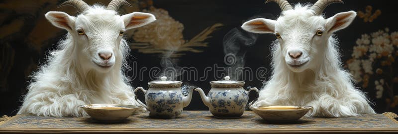 Two White Goats are Drinking Tea at a Table in a Cozy Atmosphere. the ...