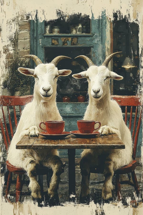 Two White Goats are Drinking Tea at a Table in a Cozy Atmosphere. the ...