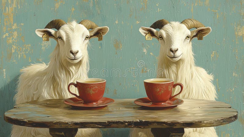 Two White Goats are Drinking Tea at a Table in a Cozy Atmosphere. the ...