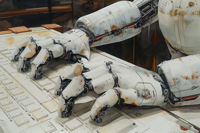 Two White Hands of Robot on White Keyboard. Watercolour Illustration ...
