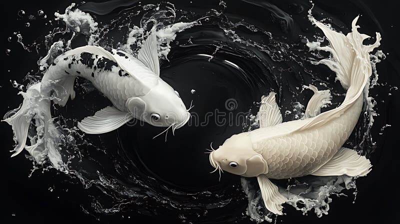 Two White Koi Fish Swimming in a Circle of Water, Creating a Splash ...