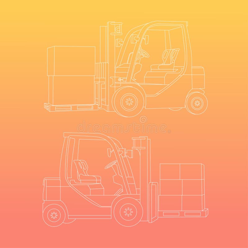 Line Vector of Warehouse Forklift in Different Angle. Heavy Equipment ...