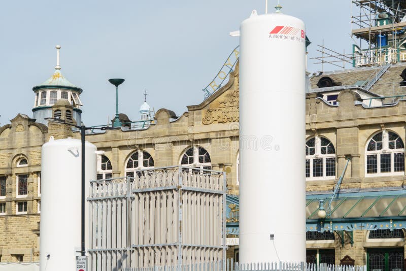 Two White Liquid Oxygen Cylinders in Front of a Popular Music Hall ...