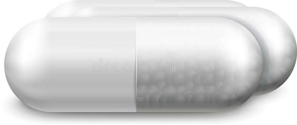 Two White Medical Capsules Filled with Granules Rest on a Pristine ...