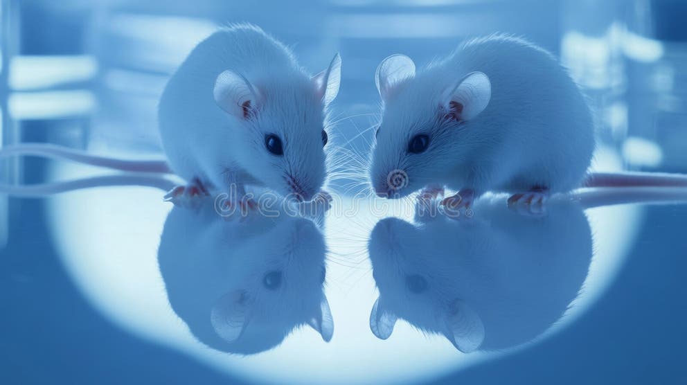 Two White Mice Facing Each Other, Reflected in a Blue Surface Stock ...