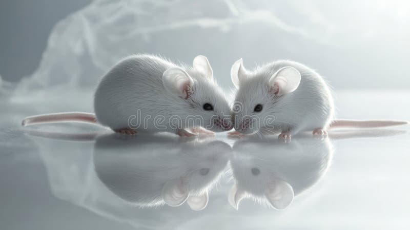 Two White Mice Facing Each Other, Reflected on a Smooth Surface Stock ...