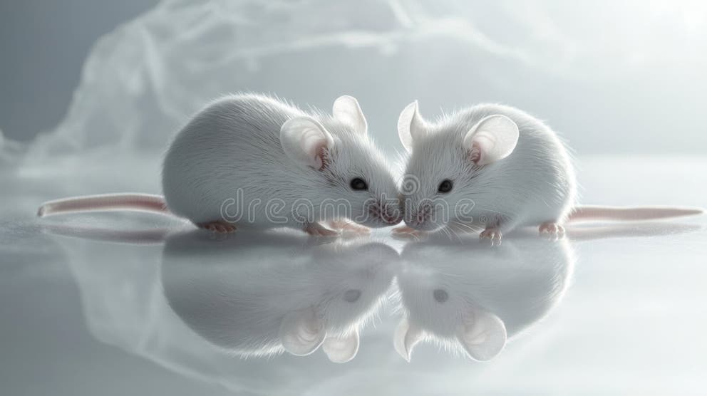 Two White Mice Facing Each Other, Reflected on a Smooth Surface Stock ...