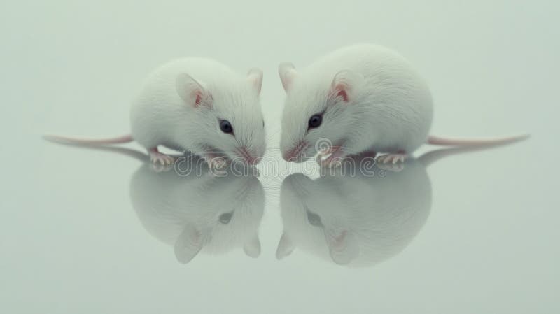 Two White Mice Facing Each Other with Reflections on a Shiny Surface ...