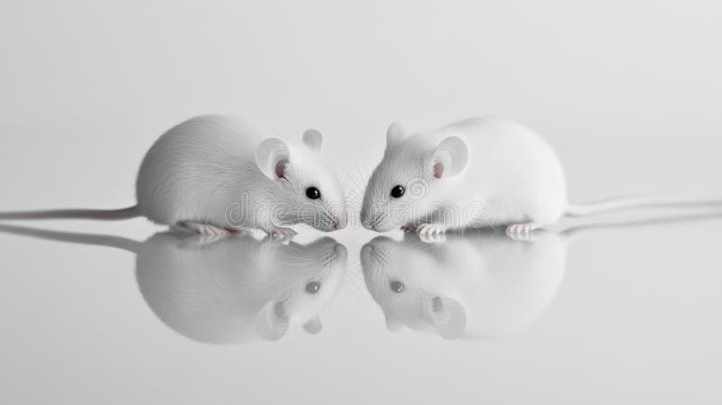 Two White Mice Facing Each Other with Reflections on a White Surface ...