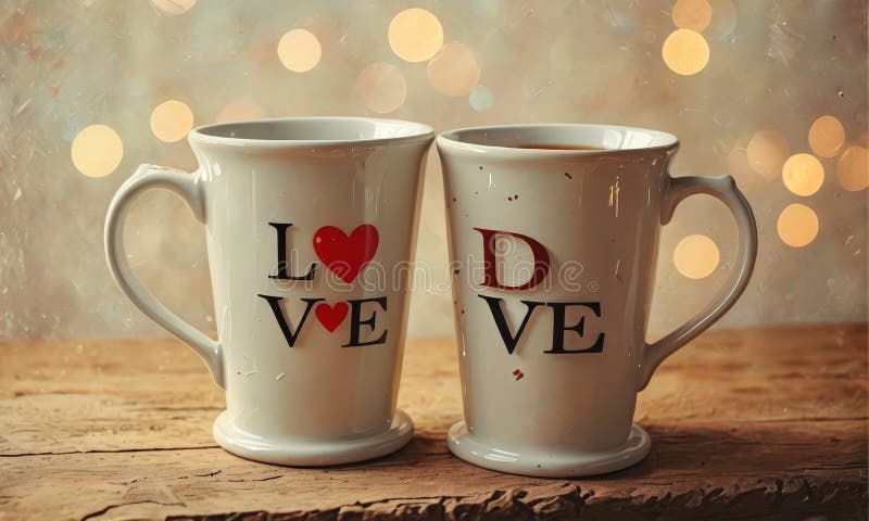 Two White Coffee Mugs with the Word Love on Them Stock Illustration ...