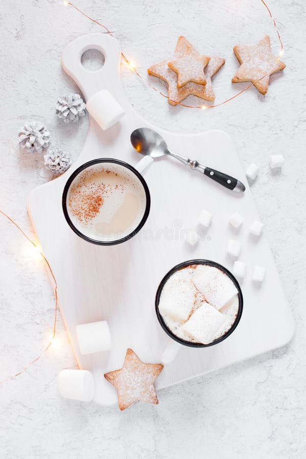Two White Mugs of Hot Cocoa with Marshmallow Stock Photo - Image of ...